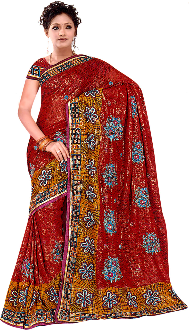 Jester-Red Sari with Crewel Embroidered Flowers and Gota Border ...