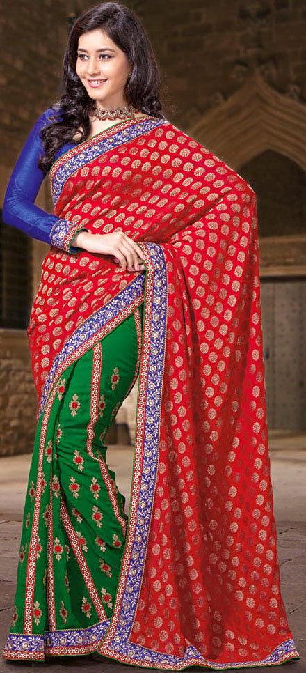 Red and Green Wedding Patli Sari with Woven Bootis and Embroidered ...