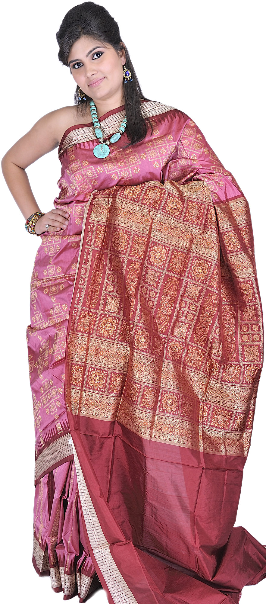 Cashmere Rose Bomaki Sari from Orissa with Hand-Woven Bootis in Golden ...