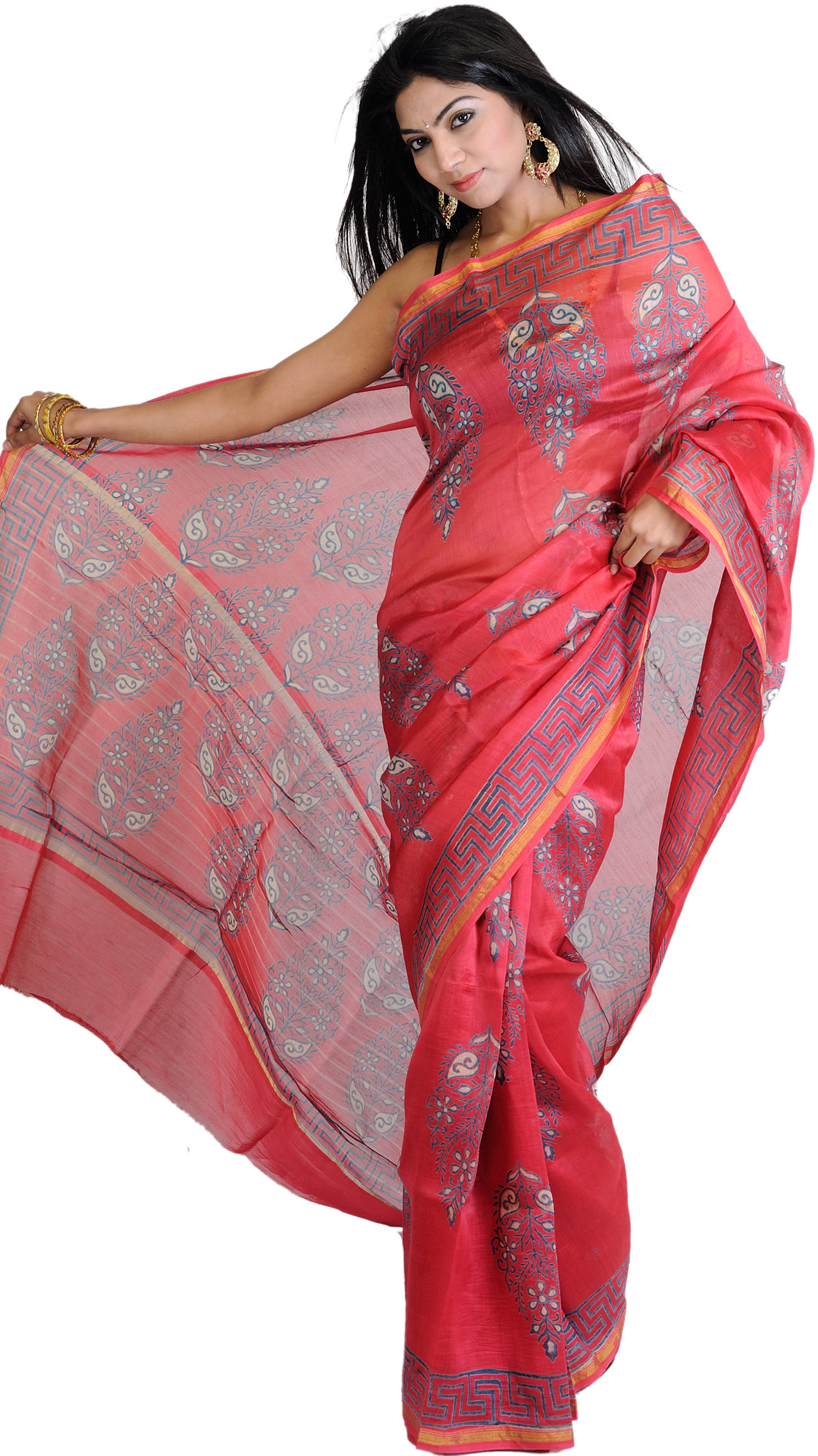 Holly-Berry Chanderi Sari with Block Printed Flowers | Exotic India Art