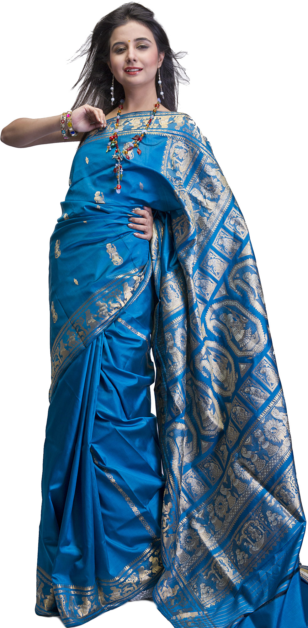 Saxony-Blue Baluchari Sari from Bengal with Celestial Nymphs Woven by ...