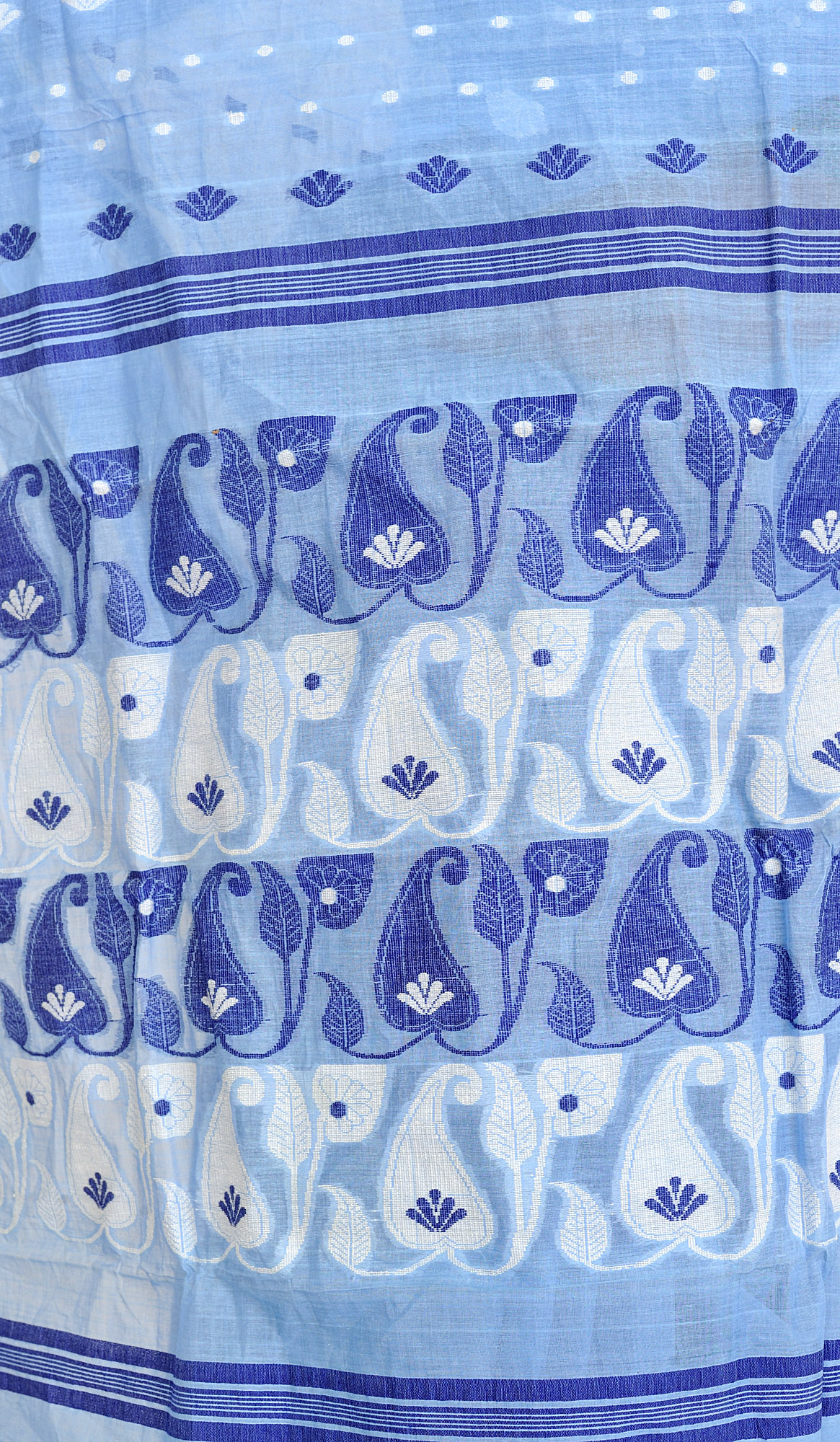 Placid-Blue Jamdani Sari from Bengal with Woven Bootis and Striped ...