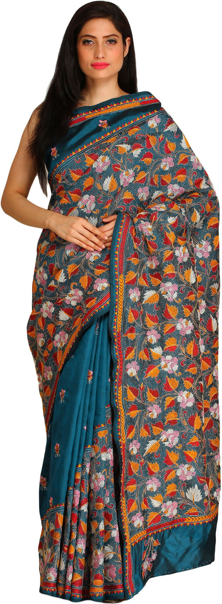 Celestial-Blue Kantha Sari from Kolkata with Embroidered Leaves by Hand ...