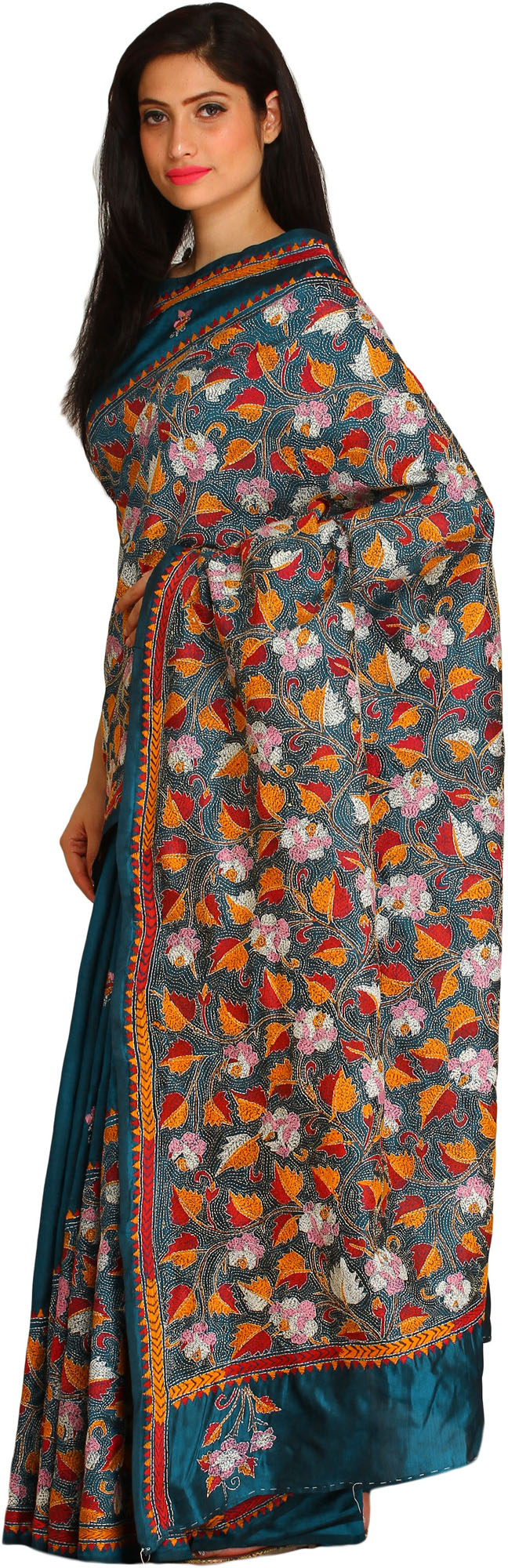 Celestial-Blue Kantha Sari from Kolkata with Embroidered Leaves by Hand ...
