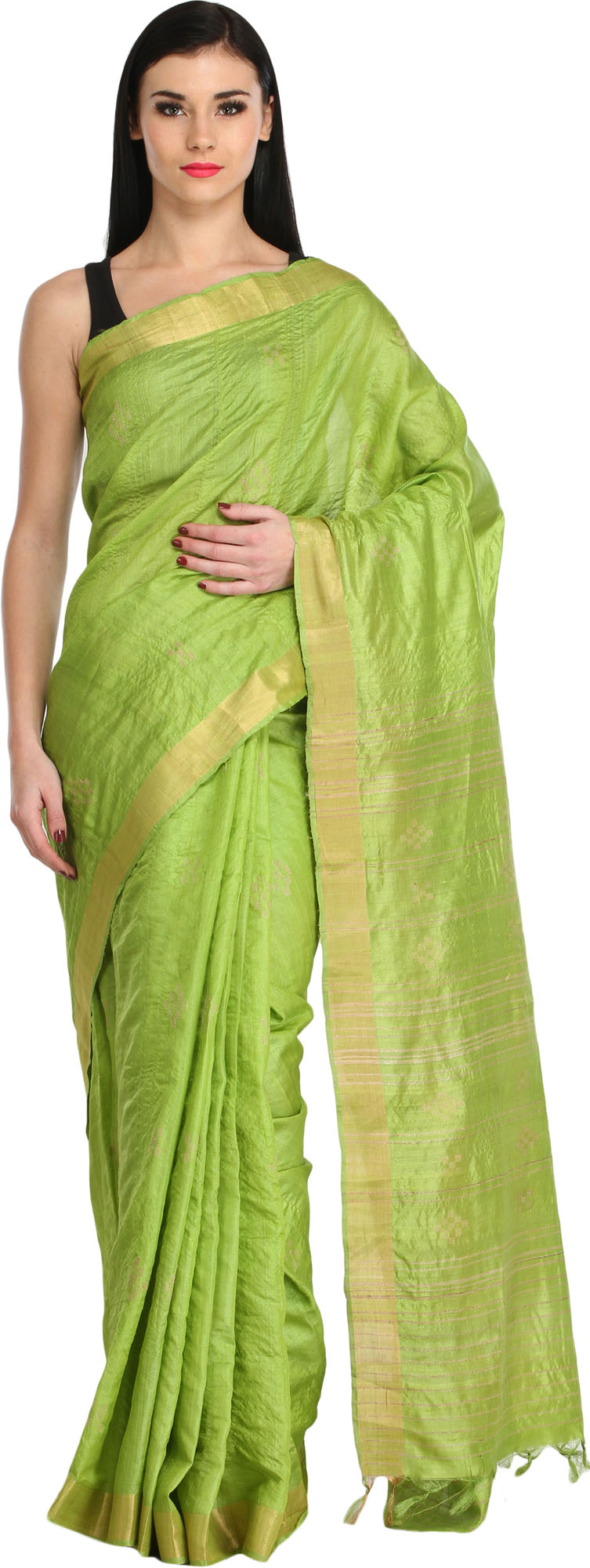 Parrot-Green Kosa Sari from Jharkhand with Woven Stripes on Pallu and ...