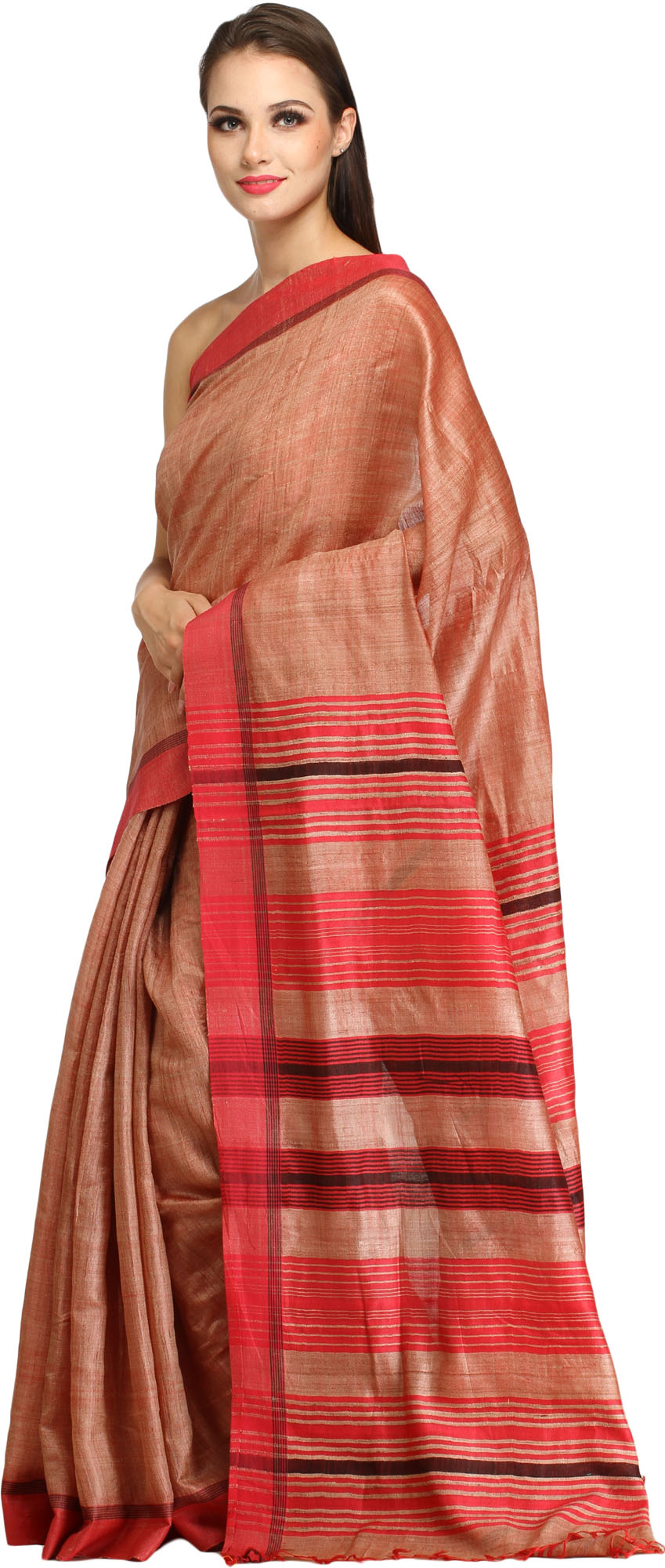 Mahogany-Rose Kosa Sari from Jharkhand with Woven Stripes | Exotic ...