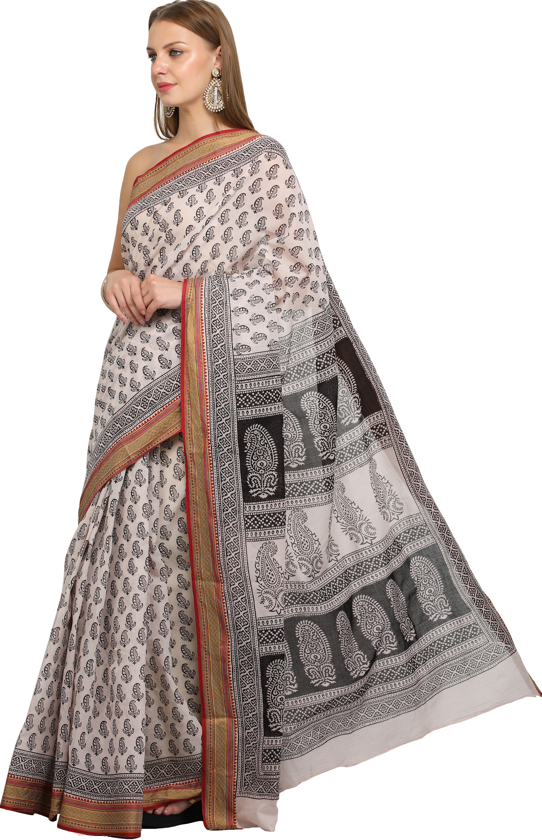 Rose-Dust Mriganayani Sari with Kalamkari Print and Woven Border ...