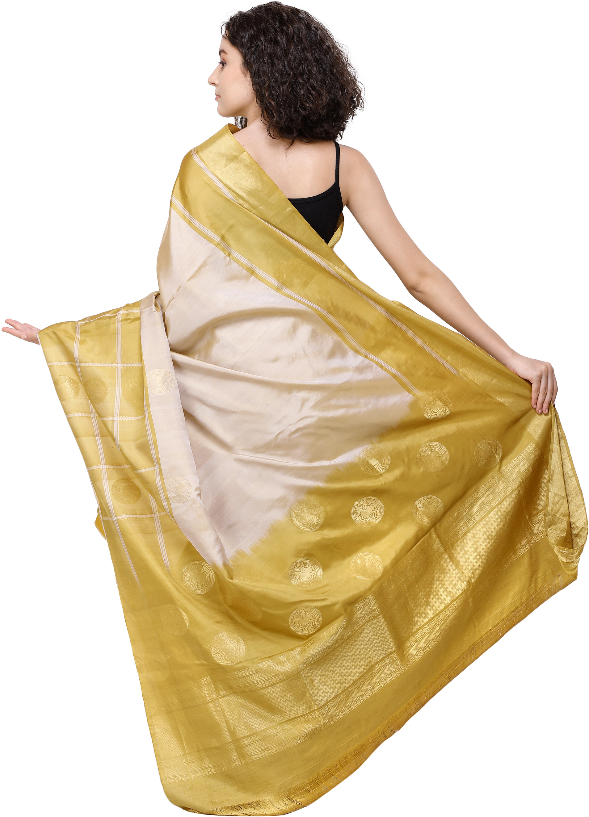 Rich-Gold Uppada Sari from Bangalore with Zari-Woven Unicorns on Border ...