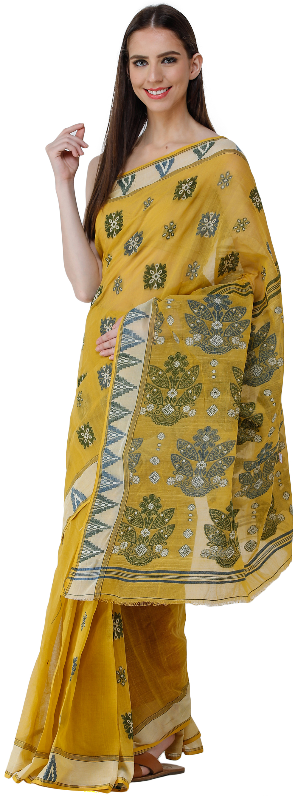 Tangail Sari from Kolkata with Woven Flowers on Anchal | Exotic India Art