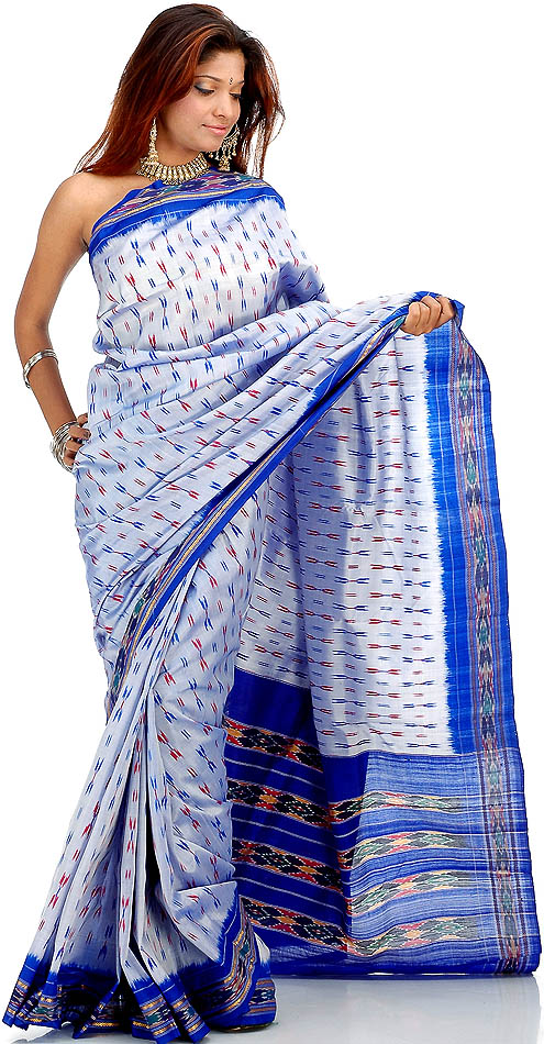 Steel Blue Ikat Sari Hand-Woven in Pochampally | Exotic India Art