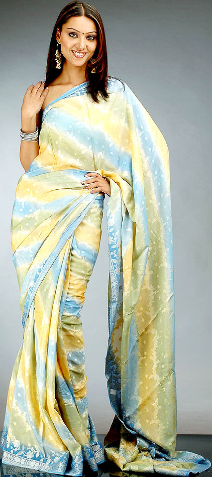 Tri-Color Shaded Sari with Thread Weave | Exotic India Art