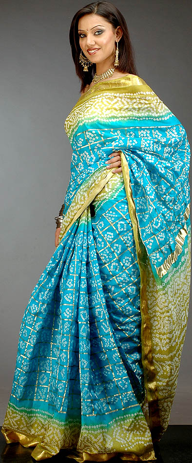 Turquoise and Olive Green Gharchola Sari | Exotic India Art