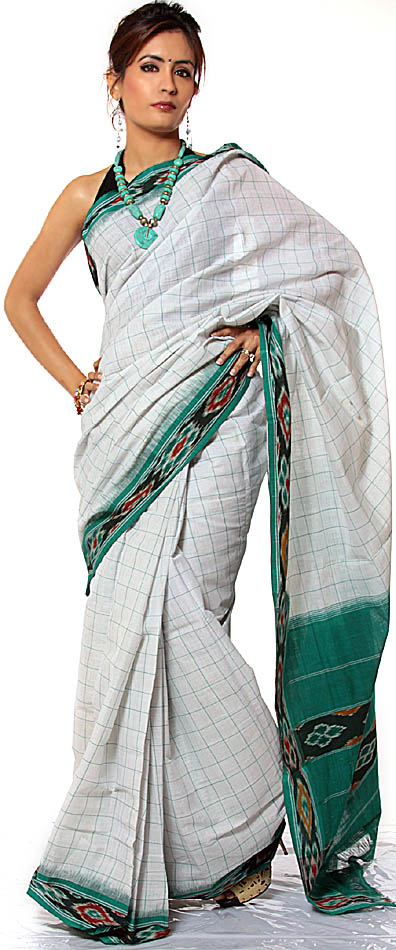 White and Green Ikat Sari from Pochampally with Woven Checks | Exotic ...