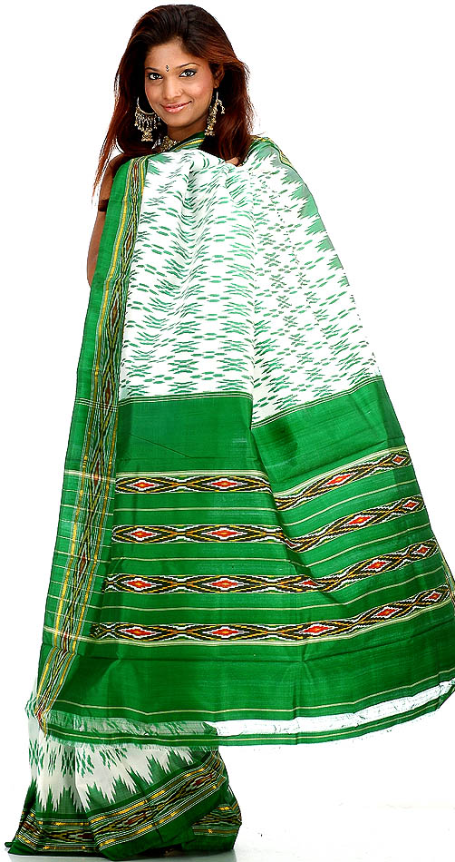 White and Green Ikat Sari Hand-Woven in Pochampally | Exotic India Art