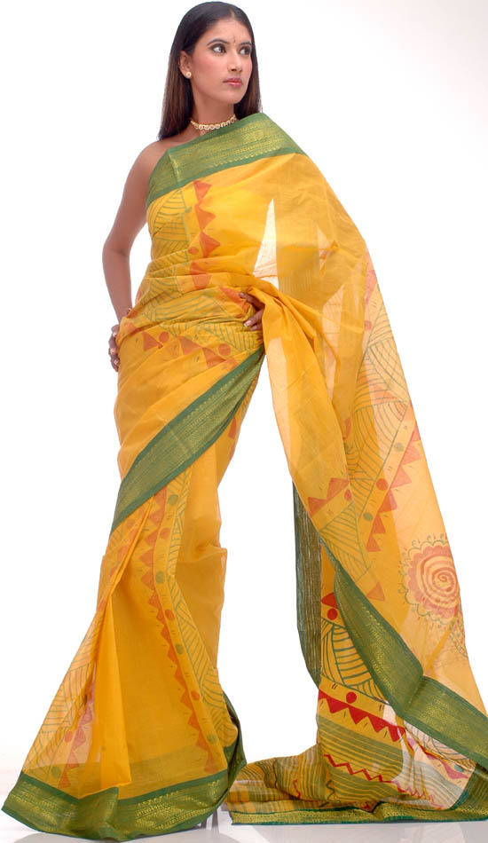 Yellow and Green Hand-Painted Sari from Bengal | Exotic India Art