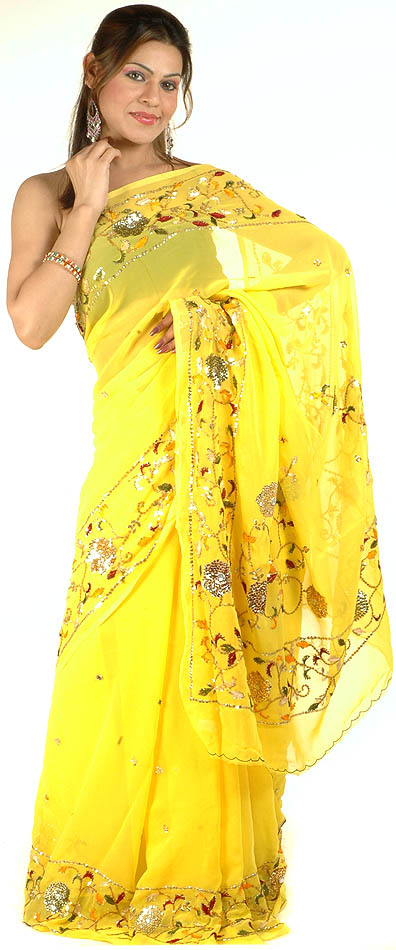 Yellow Sari with Heavily Sequined Floral Embroidery | Exotic India Art