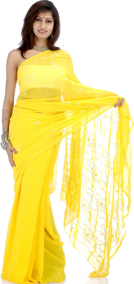 Yellow Sari with Sequins and Beads | Exotic India Art