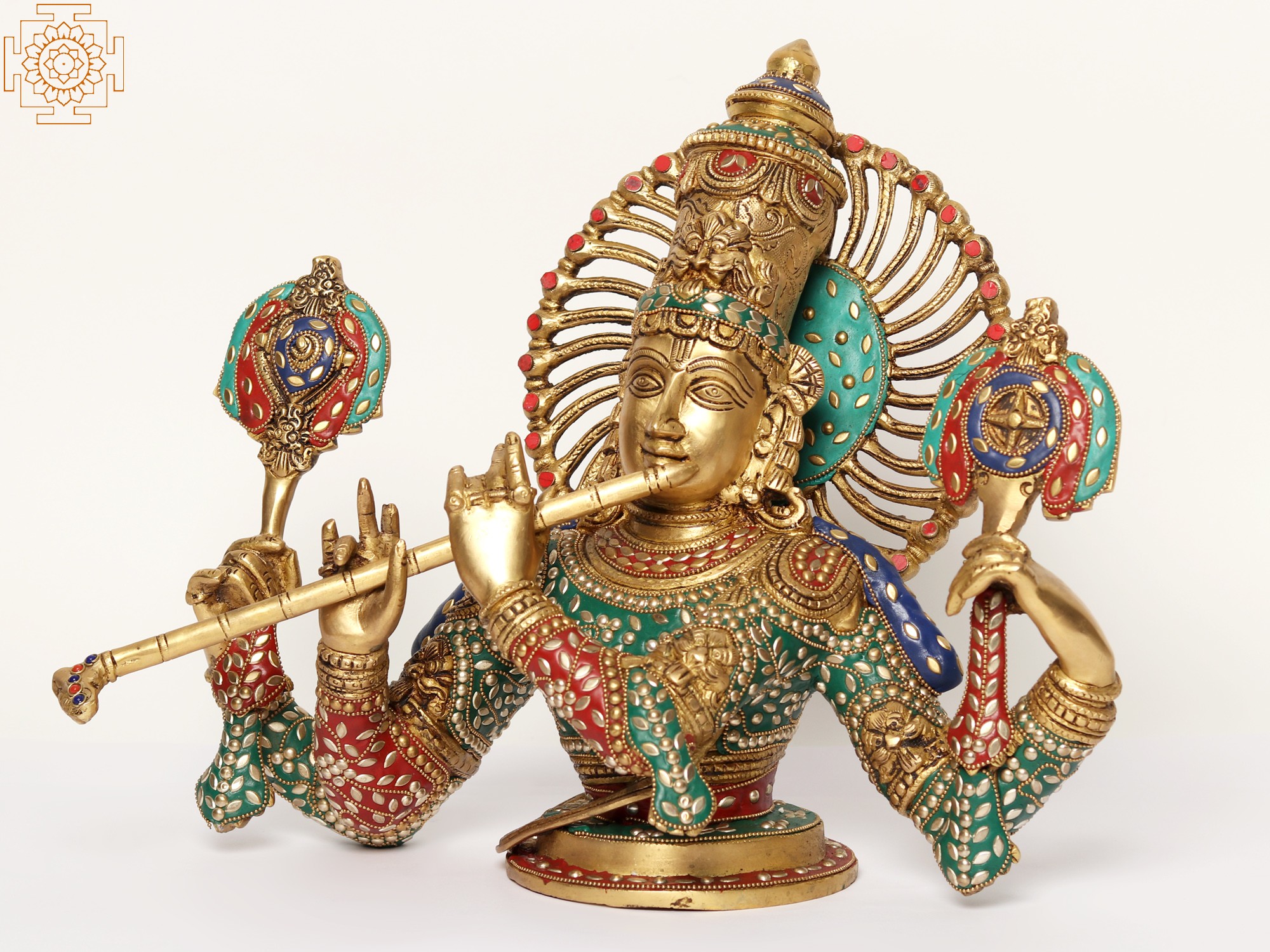 15" Chaturbhuja Venugopal (Krishna) Bust | Brass Statue | Exotic India Art