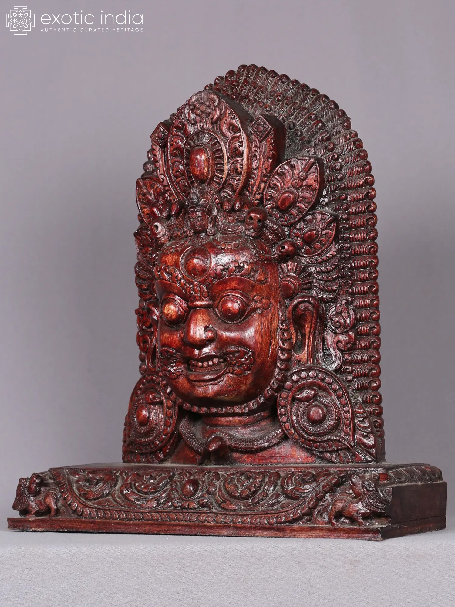 14" Wooden Lord Mahakala Face Statue | Exotic India Art