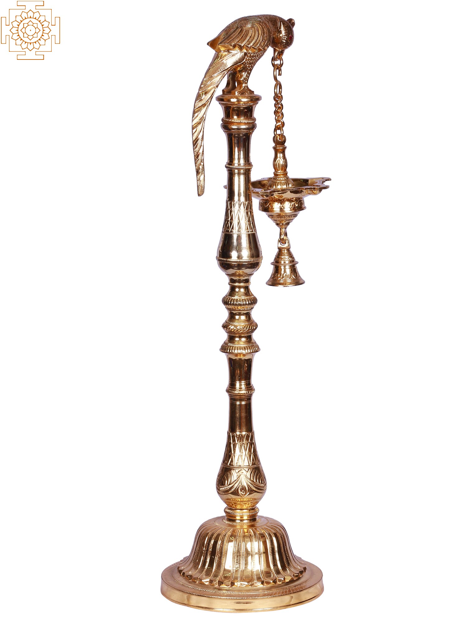 30" Gold Plated Two Parrot & Bell with Stand Lamp | Exotic India Art