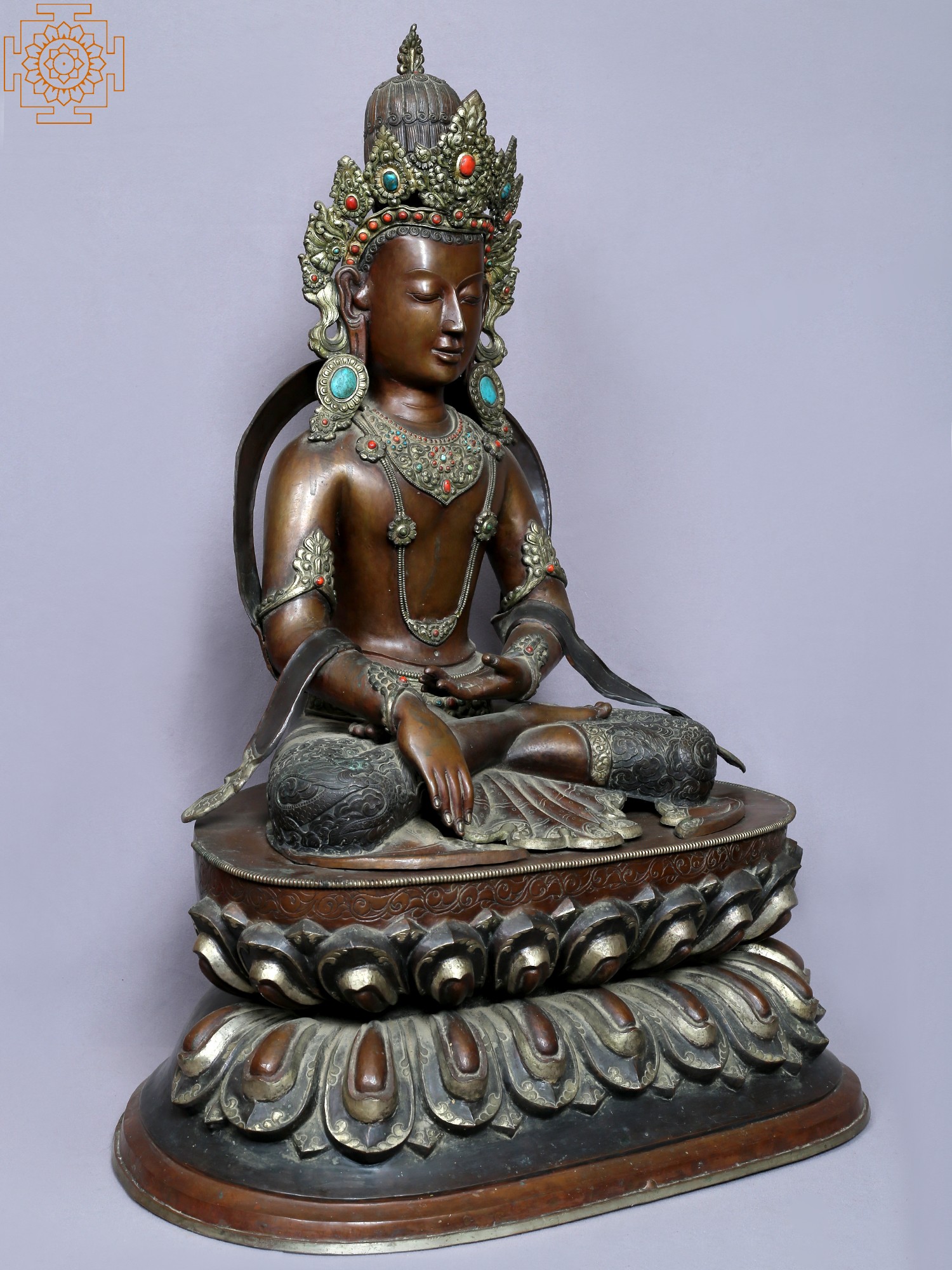 30'' Crowned Akshobhya Buddha With Stone Work From Nepal | Copper With ...