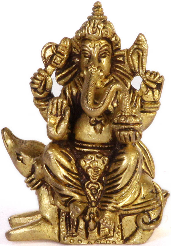 Blessing Ganesha Seated on His Vehicle Rat | Exotic India Art