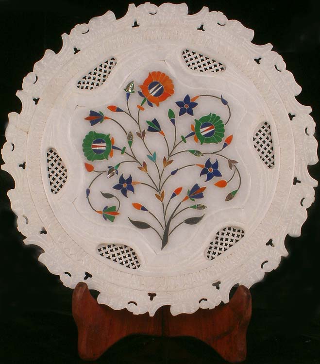 Taj Mahal Floral Inlay Work on White Makrana Marble | Exotic India Art