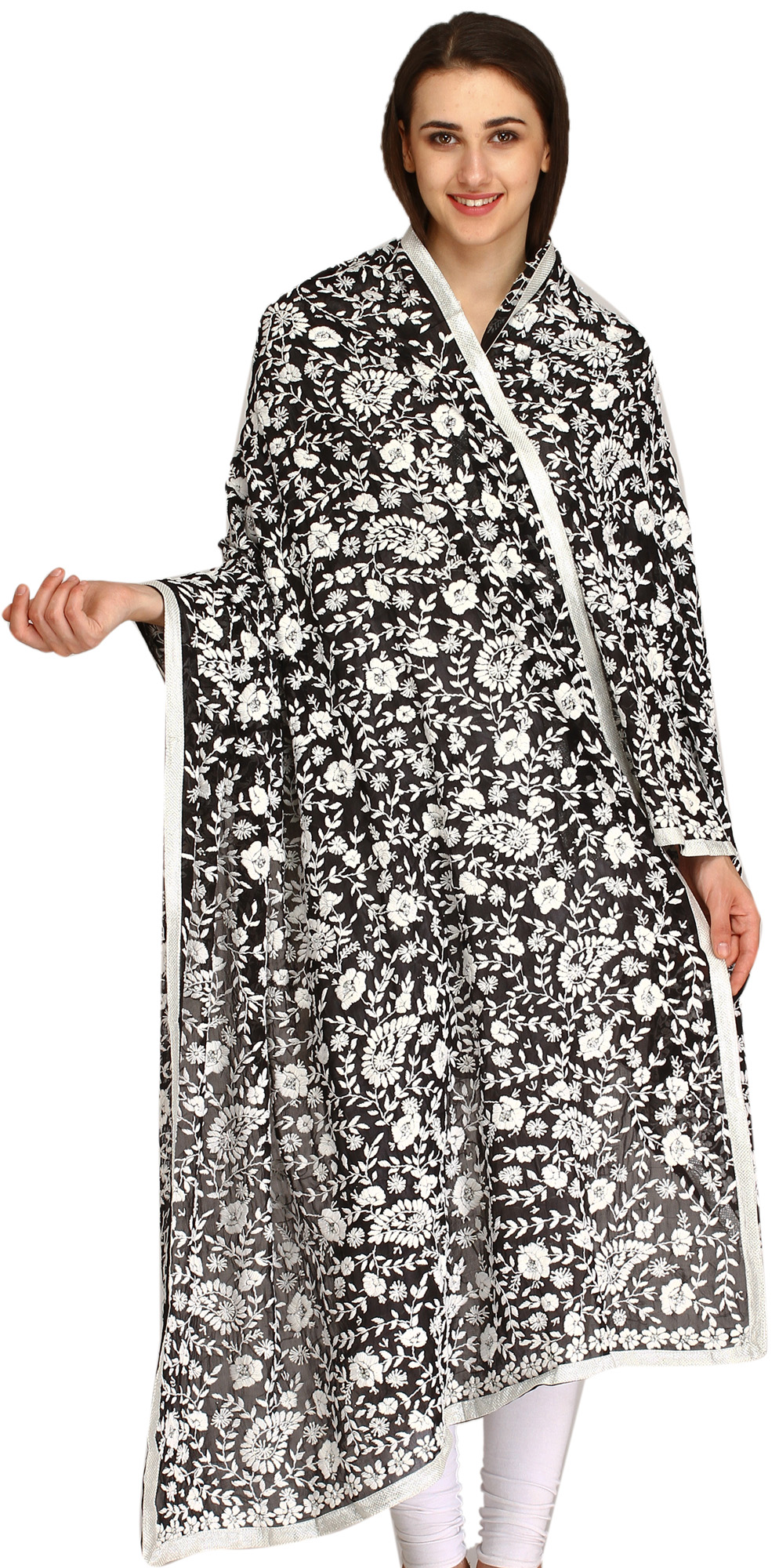 Heavy Dupatta from Punjab with Phulkari Embroidered Flowers and Sequins ...