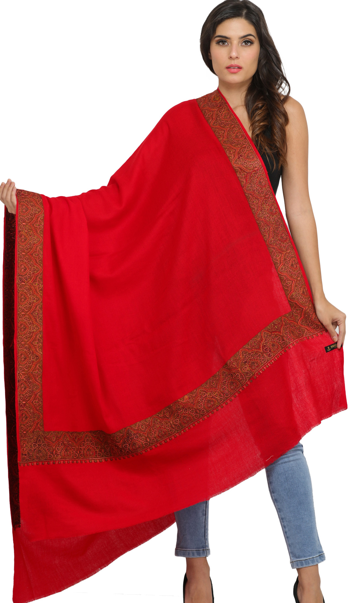 Pure Wool Plain Shawl from Amritsar with Sozni Embroidery on Border ...