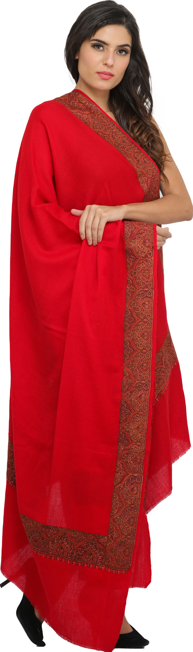 Pure Wool Plain Shawl from Amritsar with Sozni Embroidery on Border ...