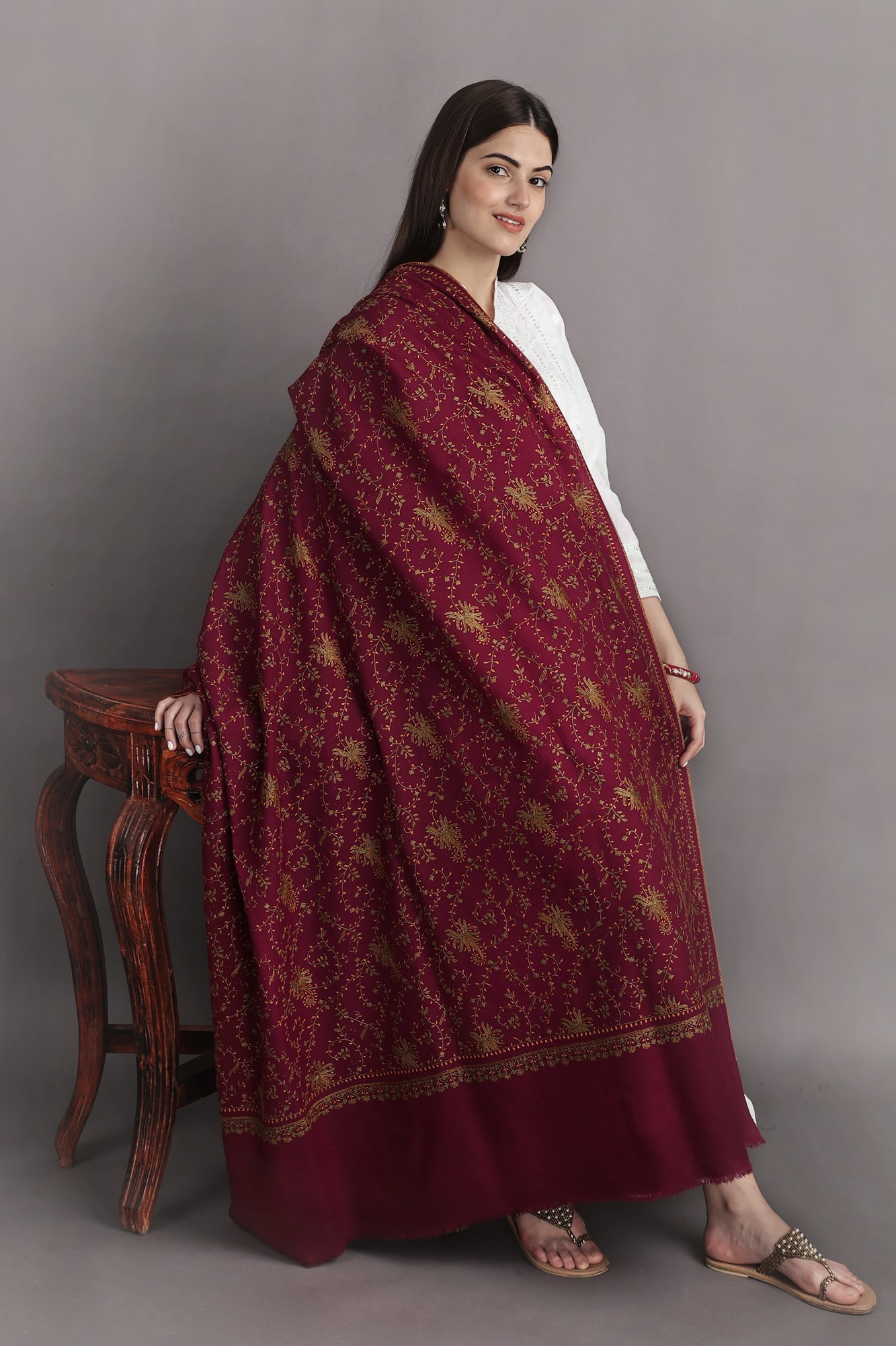 Kashmiri Tusha Shawl with Sozni Embroidered Floral Vines in Multicolor ...