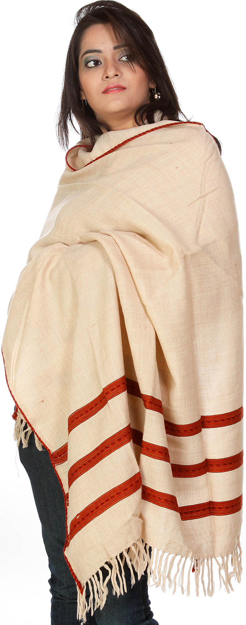 Beige Kullu Shawl with Kinnauri Weave on Border | Exotic India Art