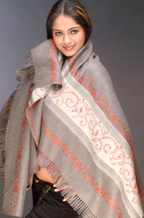 Beige Shawl with Embroidery | Exotic India Art