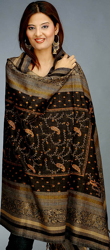 Black Hand Embroidered Jamawar Shawl | Exotic India Art