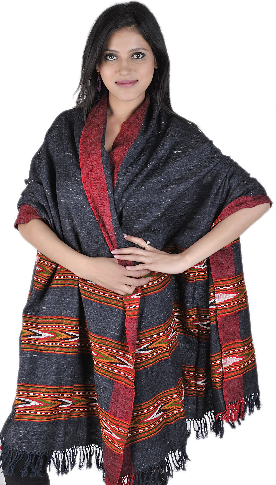 Black Kullu Stole with Kinnauri Border Woven by Hand | Exotic India Art