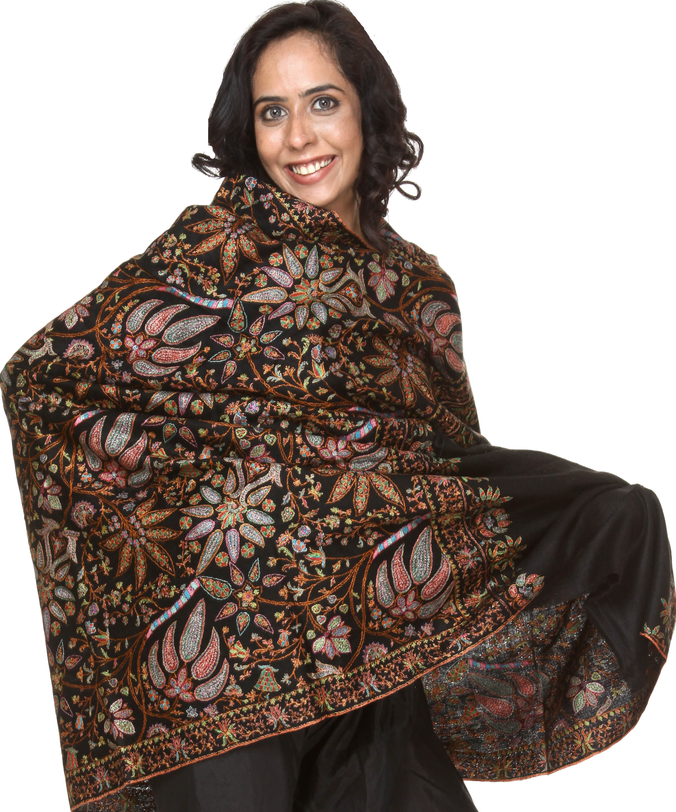 Pure Pashmina Black Shawl with Multi-Colour Deft Embroidery | Exotic ...