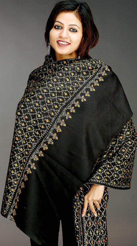 Black Tusha Shawl with All-Over Kashmiri Embroidery | Exotic India Art