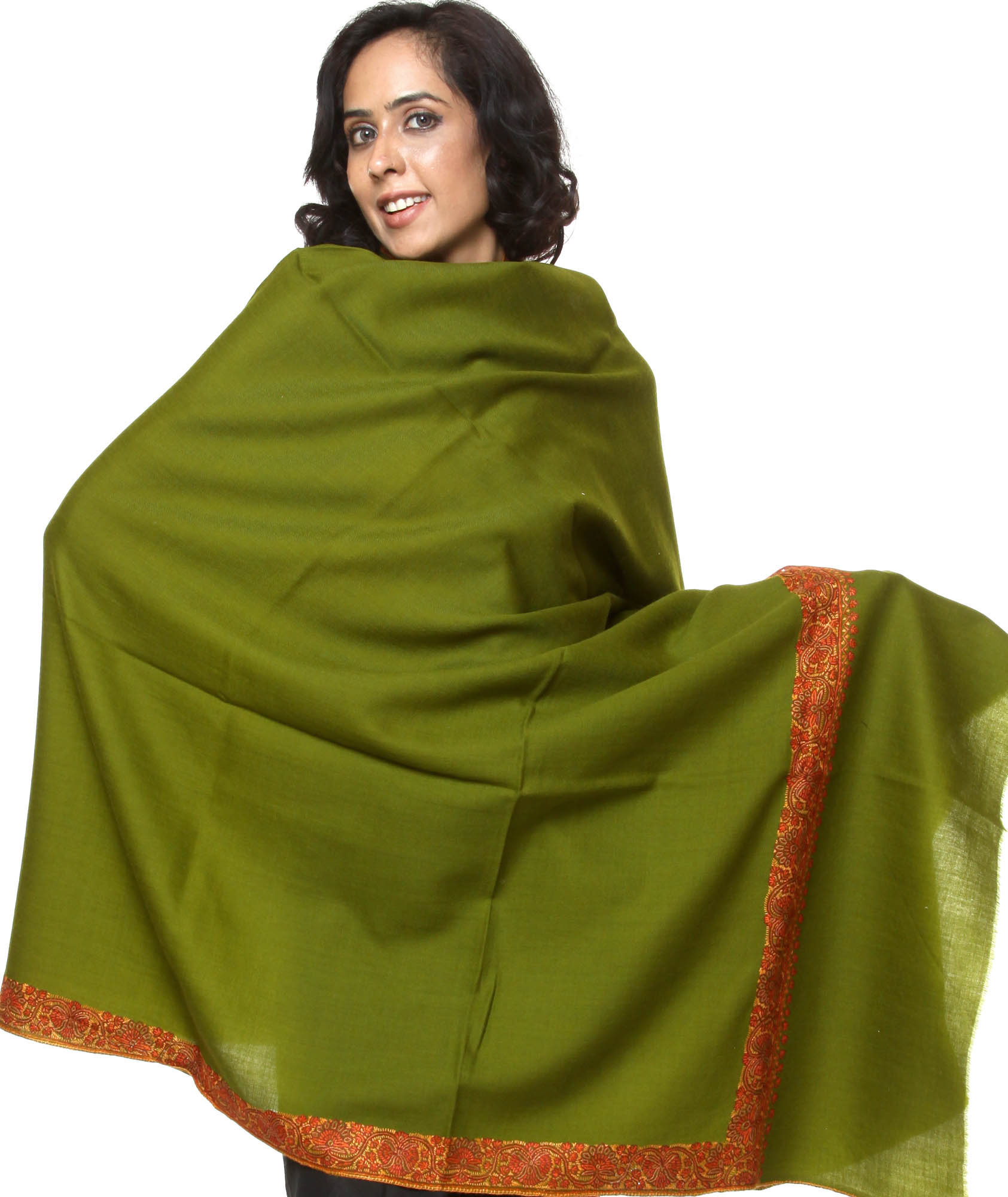 Cactus-Green Tusha Shawl with Densely Hand-Embroidered Border | Exotic ...