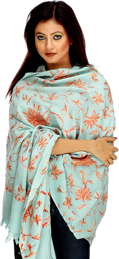 Celadon Green Kashmiri Shawl with Aari-Embroidery | Exotic India Art