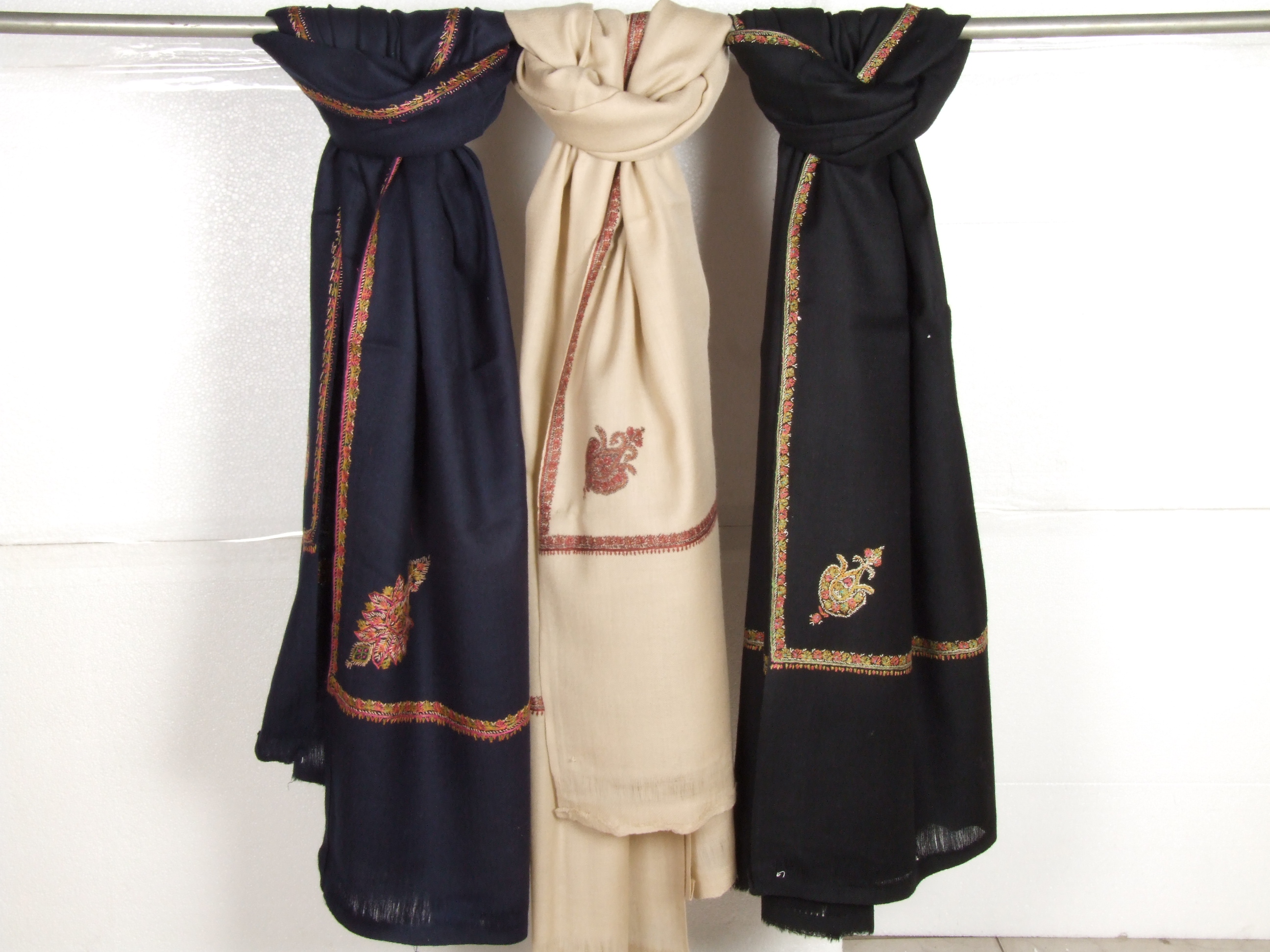 Lot of Three Plain Raffle Shawls with Needle Stitch Embroidery on Edges ...