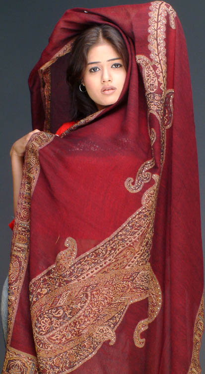 Deep Maroon Jamwar Shawl with Crystals | Exotic India Art