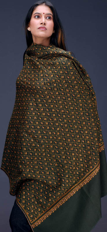 Deep-Green Jafreen Jaal Shawl from Kashmir | Exotic India Art