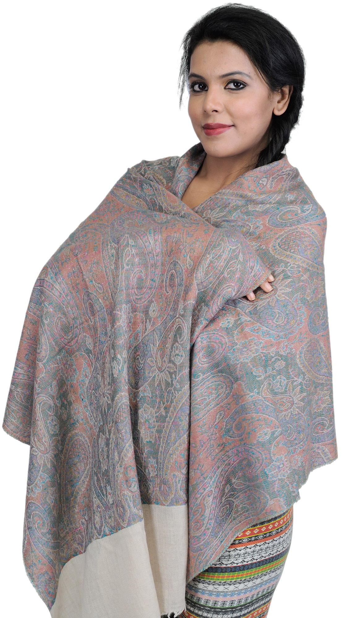 Gray and Coral Reversible Cashmere Stole | Exotic India Art