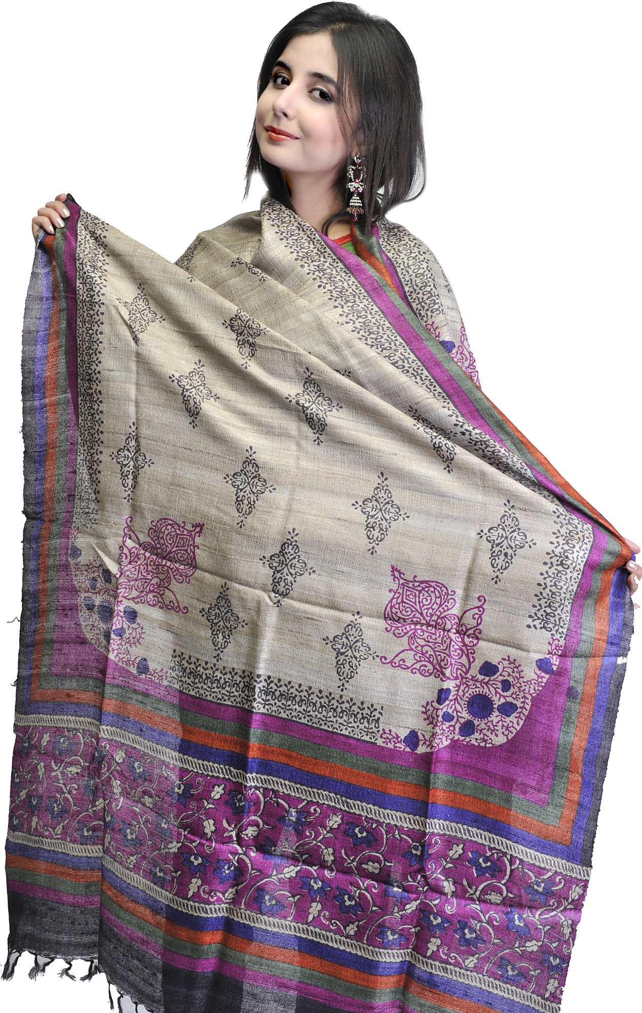 Gray Dupatta with Printed Bootis and Floral Border | Exotic India Art