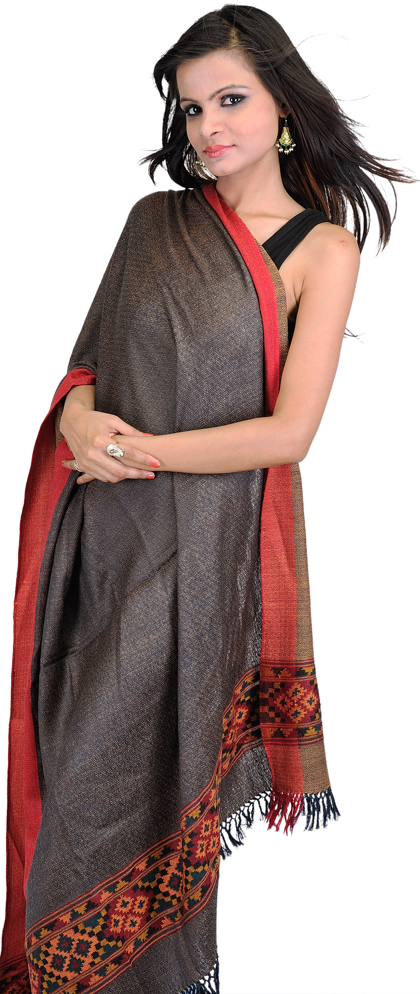 Gray Kullu Shawl with Kinnauri Hand-Woven Border | Exotic India Art