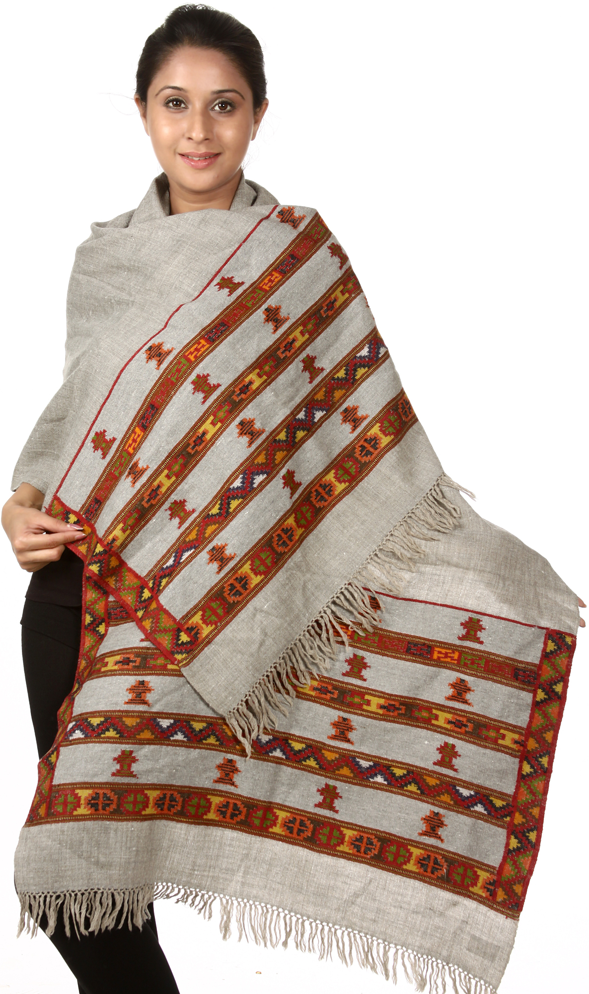Gray Kullu Stole with Kinnauri Border Woven by Hand | Exotic India Art