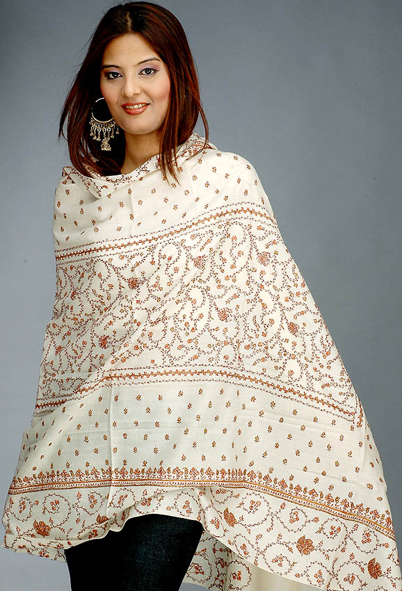 Hand-Embroidered Ivory Jafreen Jaal Shawl from Kashmir | Exotic India Art