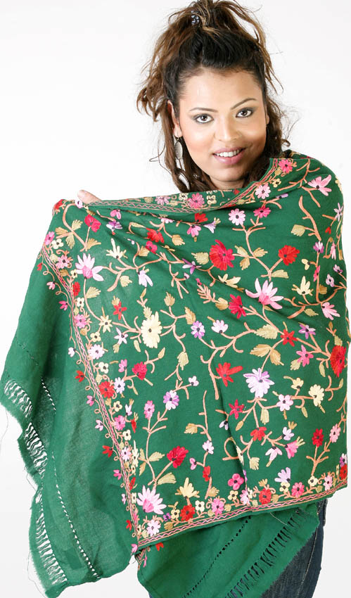 Islamic Green Aari Stole from Kashmir with Floral Embroidery | Exotic ...
