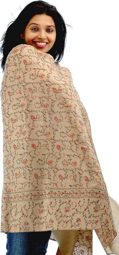 Khaki Tusha Shawl with All-Over Jafreen Jaal Embroidery | Exotic India Art