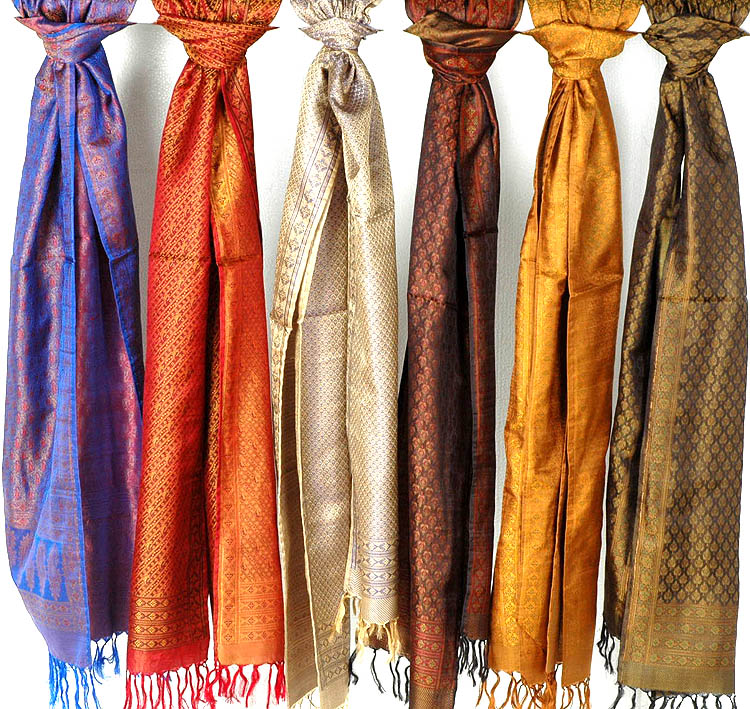 Lot of Six Pure Silk Tanchoi Scarves from Banaras with Double Weave ...